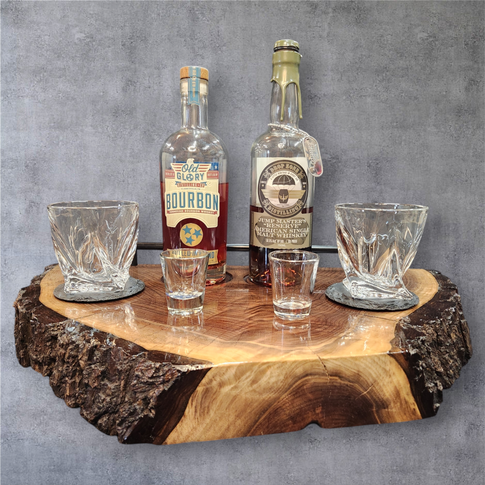 24-1112 Whiskey/Wine Display, Walnut - Rustic Blend Craftsworks LLC